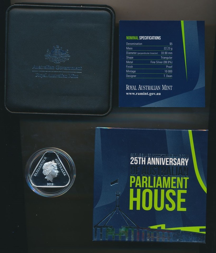 Australia: 2013 $5 Parliament House Silver Proof Triangle, Certificate ...