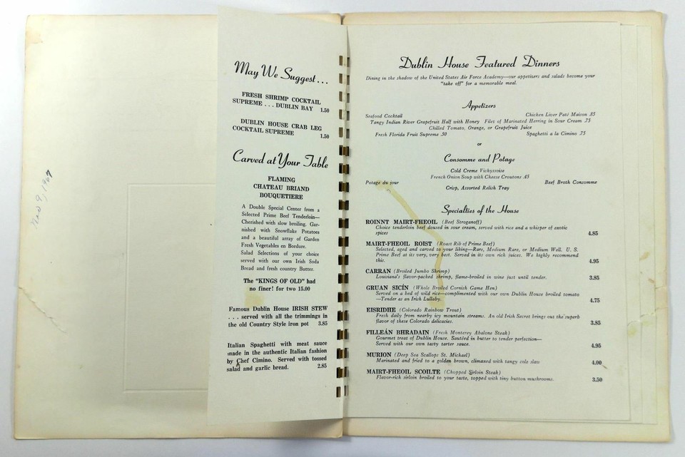 1967 Original Vintage Menu DUBLIN HOUSE Restaurant Colorado Springs ...