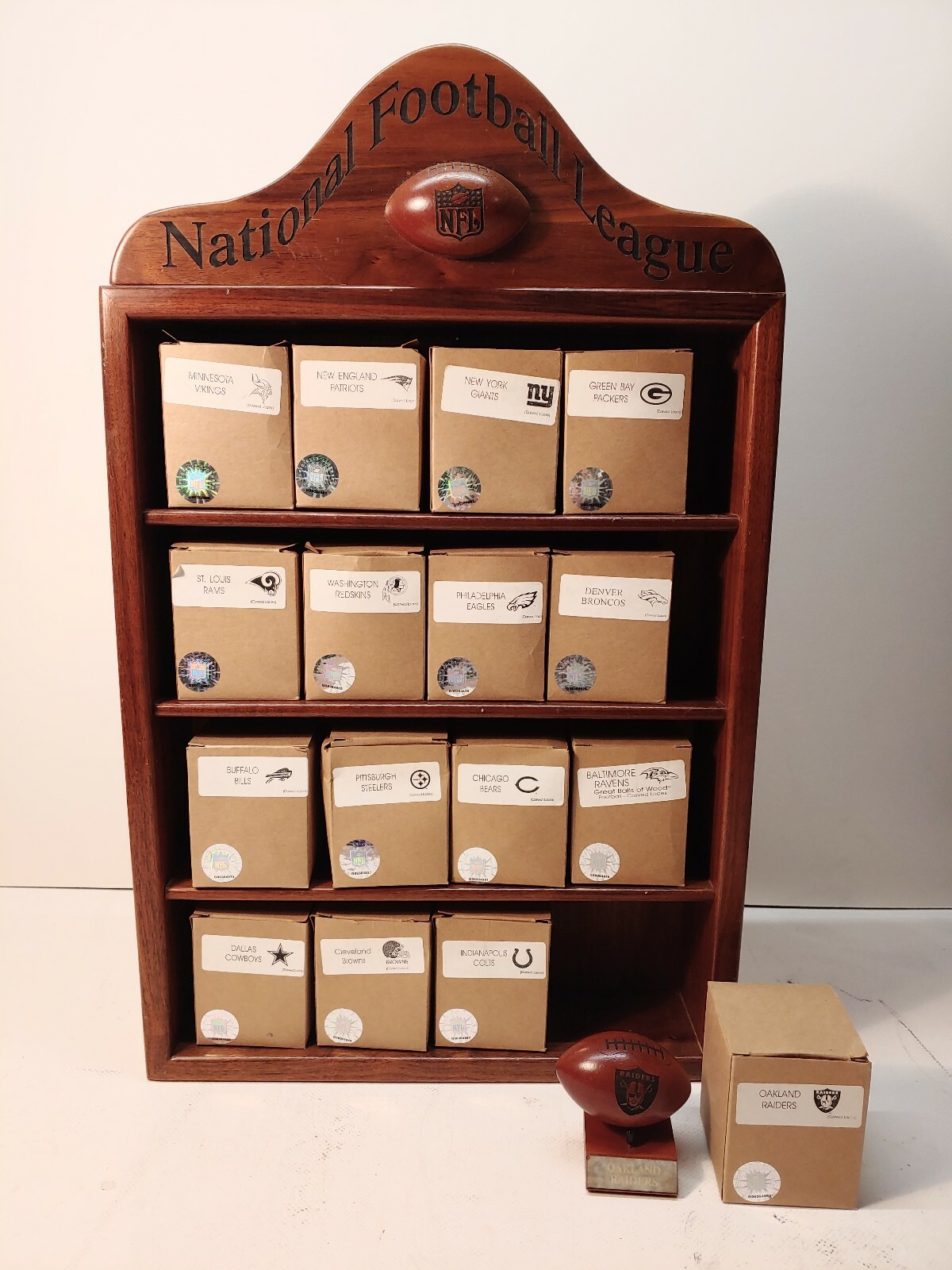 NFL Wooden Football Display Shelf Licensed Teams Patriots Giants Ravens ...