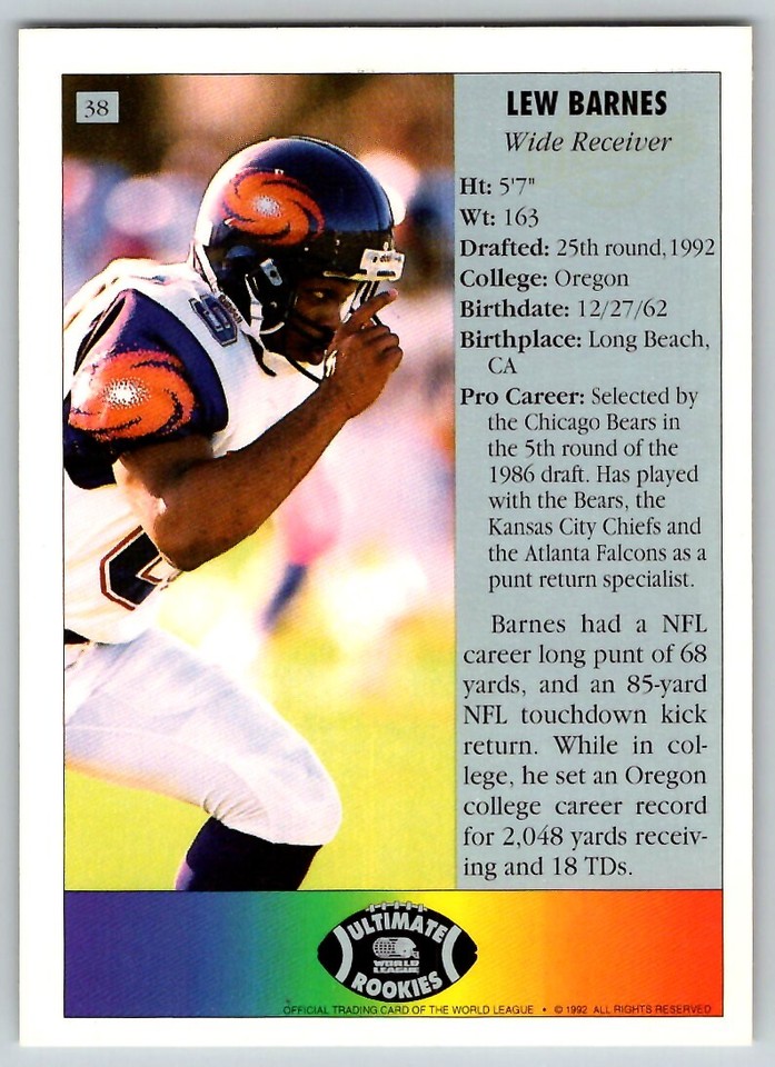 1992 ULTIMATE WLAF LEW BARNES FRANKFURT GALAXY #38 | eBay