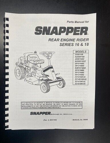 Engine Repair Parts Manual Fits Snapper Rear Engine Series 16 & 18 ...