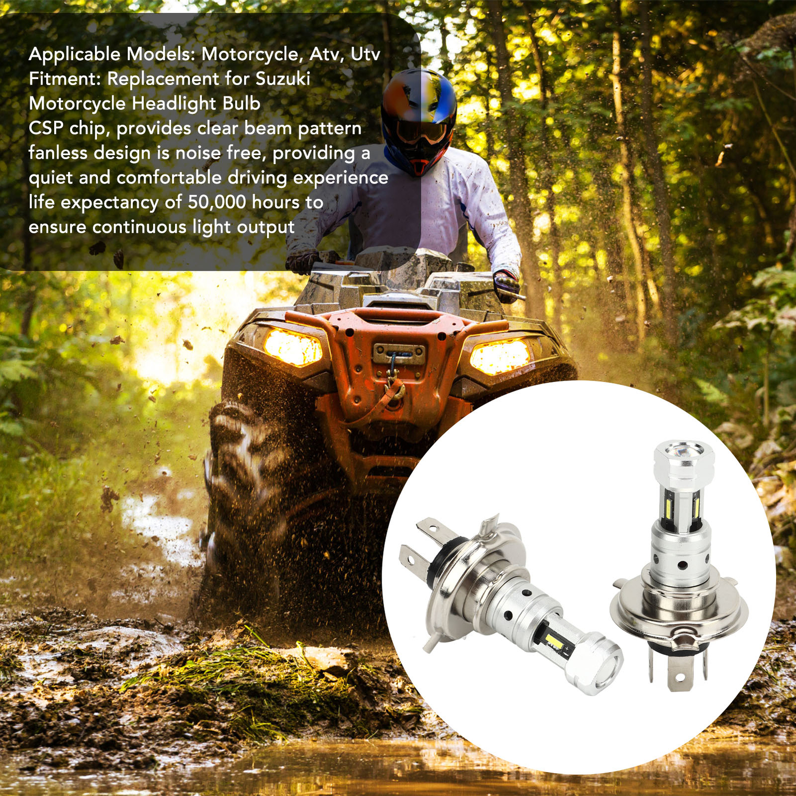 H4 9003 LED Motorcycle ATV UTV Headlight Globe 2pcs Hi/Low Beam 6000K ...