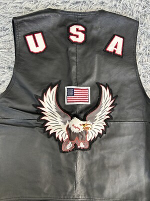 Leather USA Mens Vest Size XL Black American Flag Biker Motorcycle Eagle Patch | eBay