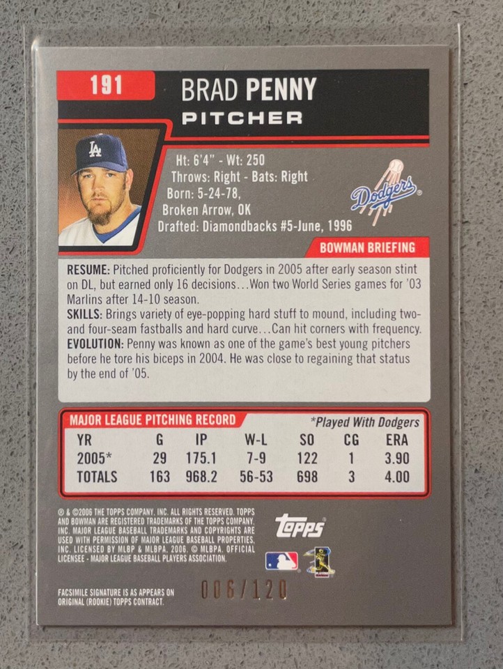 2006 Bowman White Baseball #191 Brad Penny /120 Trading Card Los ...