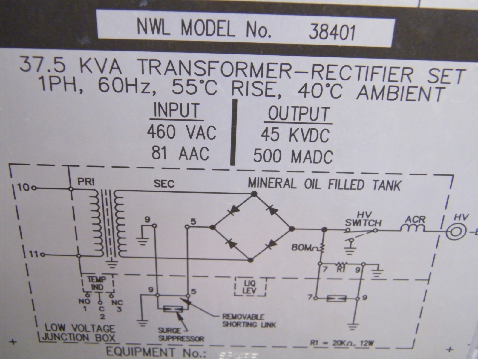 NWL 37.5 KVA Transformer 38401 1 PH IP 460 Vac OP 45 KVDC STAINLESS ...