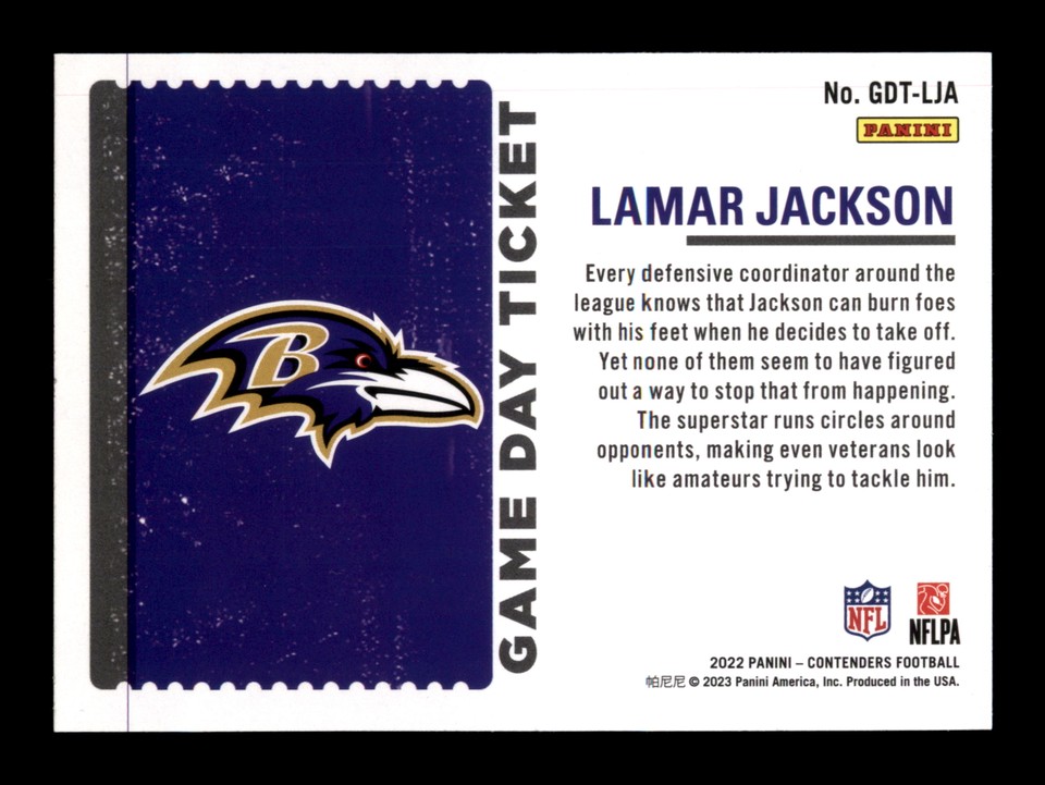 2022 Panini Contenders Game Day Ticket Emerald #GDT-LJA Lamar Jackson ...