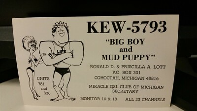 CB radio QSL postcard KEW-5793 bodybuilder comic Lott 1970s Cohoctah ...