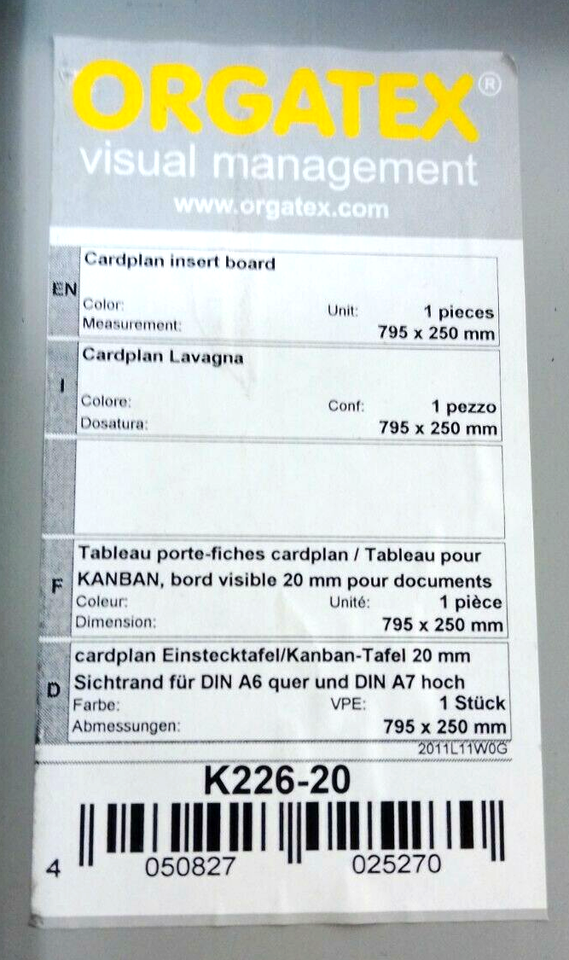 ORGATEX K226-20 Cardplan Planungstafel Einstecktafel Plantafel Kanban ...