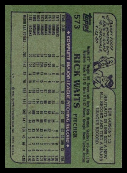 1982 Topps #573 Rick Waits Cleveland Indians Baseball card | eBay