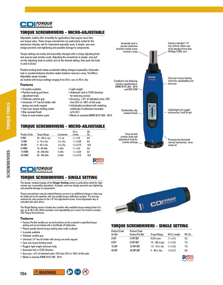 1/4" Drive 10-80 cNm Torque Screwdrivers Micro Adjustable -CDI Torque ...