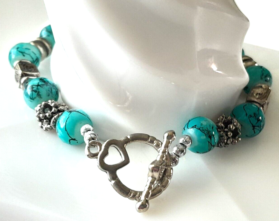Silver Tone Fashion Bracelet Simulated Blue Turquoise & Metal Beads ...