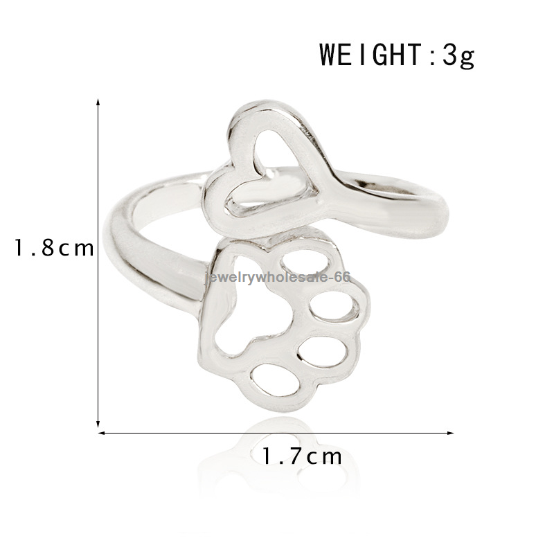 Fashion Paw Print Love Heart Ring Open Adjustable Rings Dog Cat Pet ...