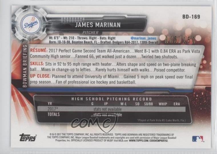 2017 Bowman Draft Blue 5/150 James Marinan #BD-169 s3g | eBay UK