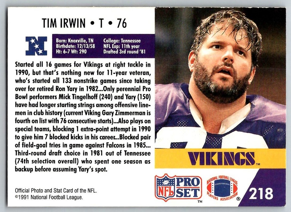 1991 PRO SET TIM IRWIN MINNESOTA VIKINGS #218 | eBay