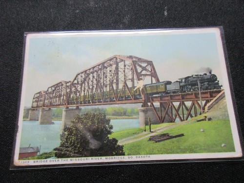 1918 TRAIN CROSSING STEELE GIRDER BRIDGE MISSOURI RIVER MOBRIDGE SOUTH ...