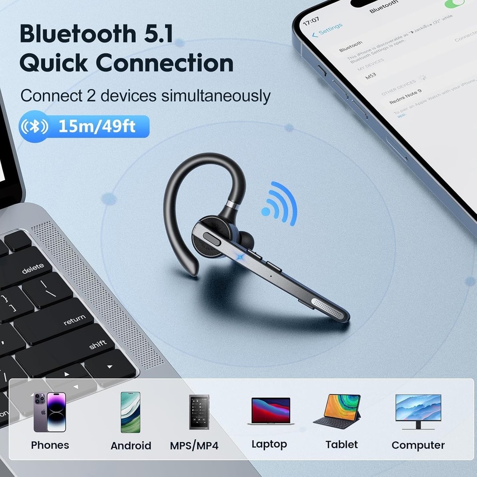 New bee Bluetooth Headsets Dual Mic V5.1 Bluetooth Earpiece Wireless ...