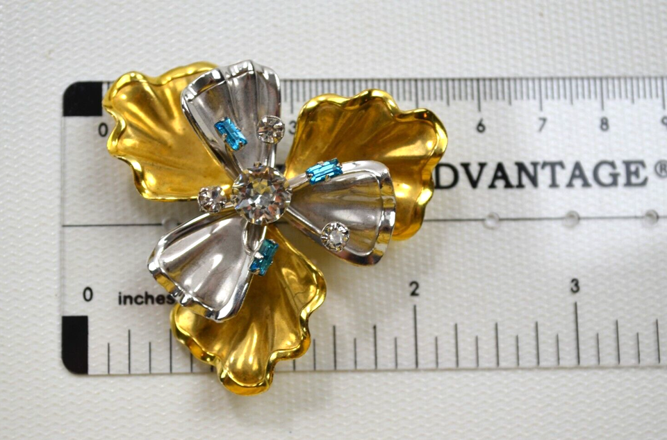 Vtg Gold Tone Brooch Pendant Flower Shaped 2-Tie Blue & Clear ...