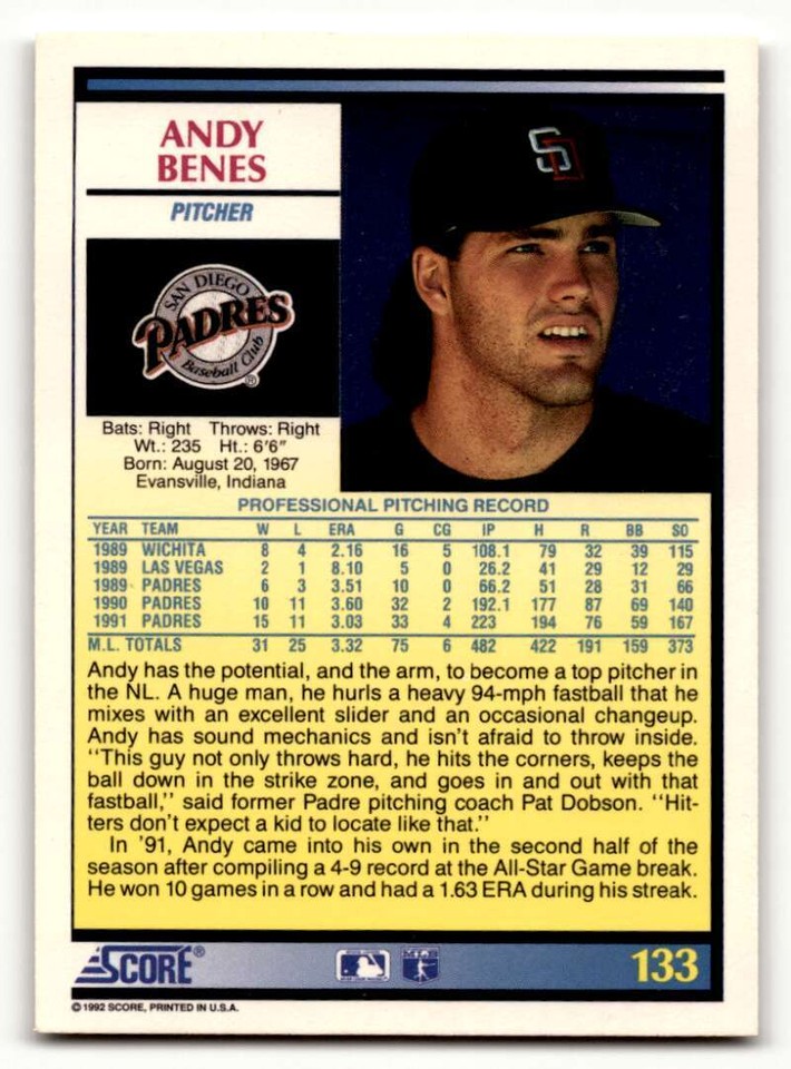 1992 Score #133 Andy Benes San Diego Padres Baseball Cards EX/NM ID ...