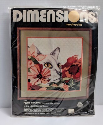 Dimensions Needlepoint 2163 "Feline In Poppies" 1980 14x14 Inches | eBay