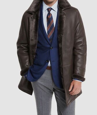 $2495 Gallotti mens Brown Leather Shearling Fur-Lined Jacket Coat-Eu 56 ...