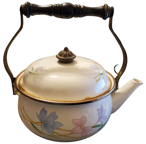 Vintage Enamel Tea Pot Kettle Pink Tiger Lily Brass w Wooden Handle ...