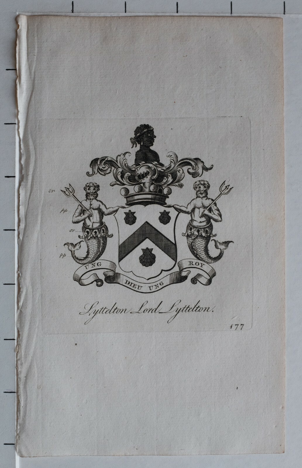 1756 ANTIQUE PRINT FAMILY CREST COAT OF ARMS LORD LYTTELTON | eBay