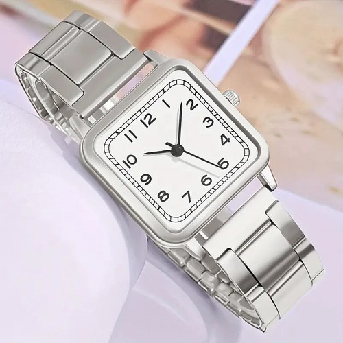 Silvery Square Quartz Watch Steel Band Water Resistant Precise Movement ...