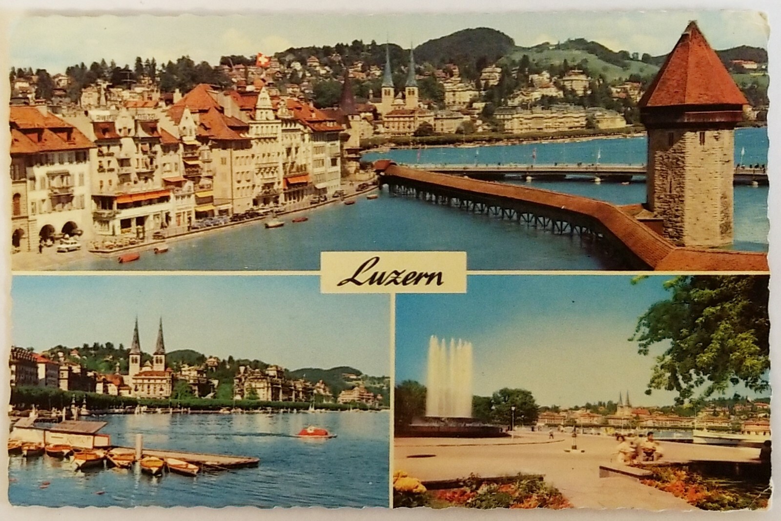 Luzern Lucerne Multiview Switzerland Postcard old people flag car boat ...