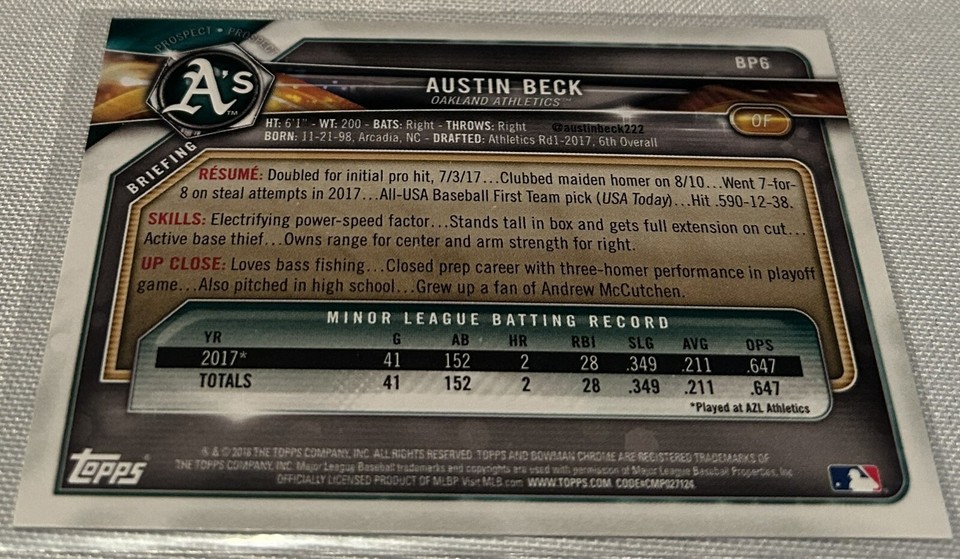 2018 Bowman Baseball Prospects Austin Beck Oakland Athletics base card ...