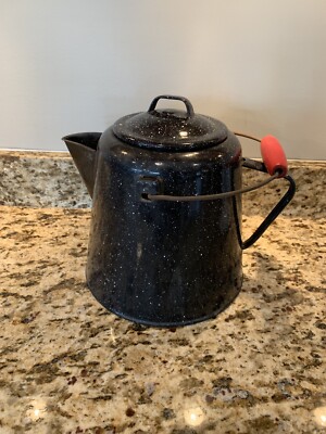 Antique Black Granite Enamal Speckled Cowboy Coffee Kettle Pot Red Wood ...