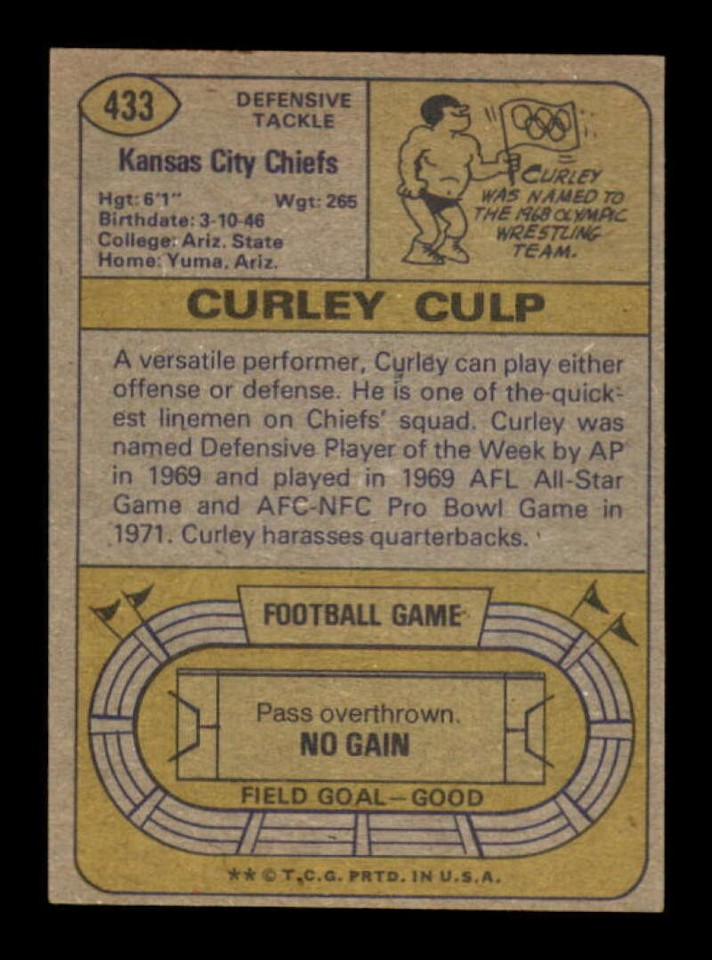 1974 Topps #433 Curley Culp VG/VGEX Chiefs 561341 | eBay