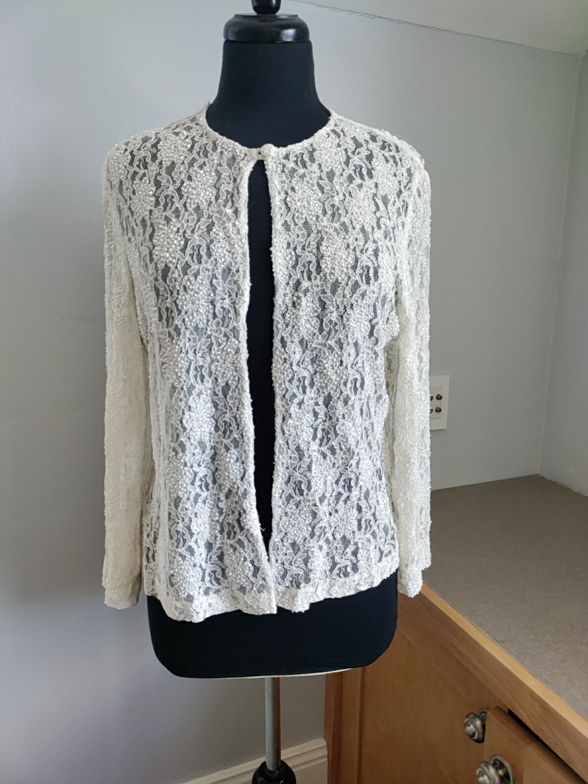 Cream Lace Jacket S/M Beaded Button At Neck Sheer Romantic Wedding ...