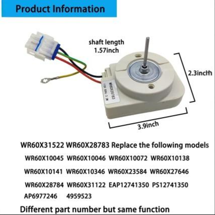 Evaporator Fan Motor for GE Refrigerators WR60X31522, WR60X31523 ...