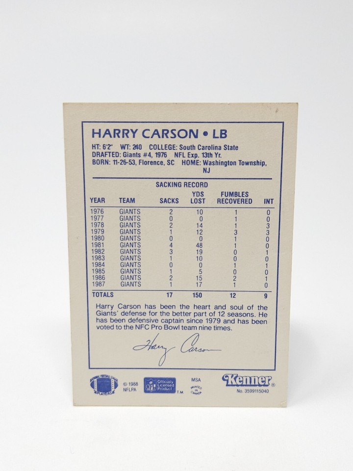 1988 Kenner Starting Lineup - HARRY CARSON Card - New York Giants - NFL ...