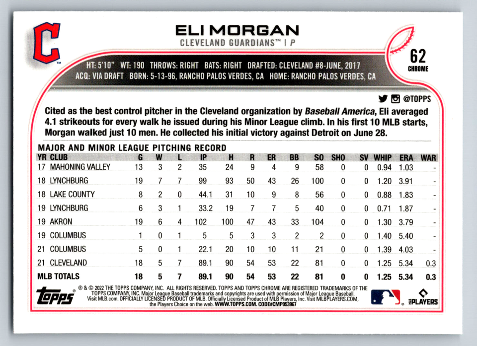 2022 Topps Chrome #62 Eli Morgan RC Cleveland Guardians Baseball Card ...
