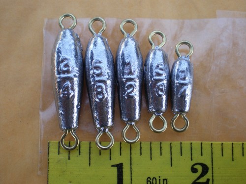 75 PCS. IN LINE TROLLING SINKER 5/8, 1/2, 3/8, OZ. 25 EA. W/BRASS WIRE ...