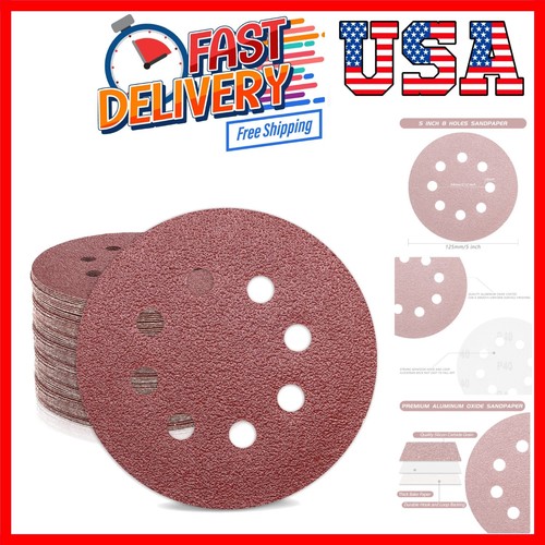5 Inch Sandpaper 40 Grit, Coarse Grit 8 Hole Sanding Disc Hook and Loop ...