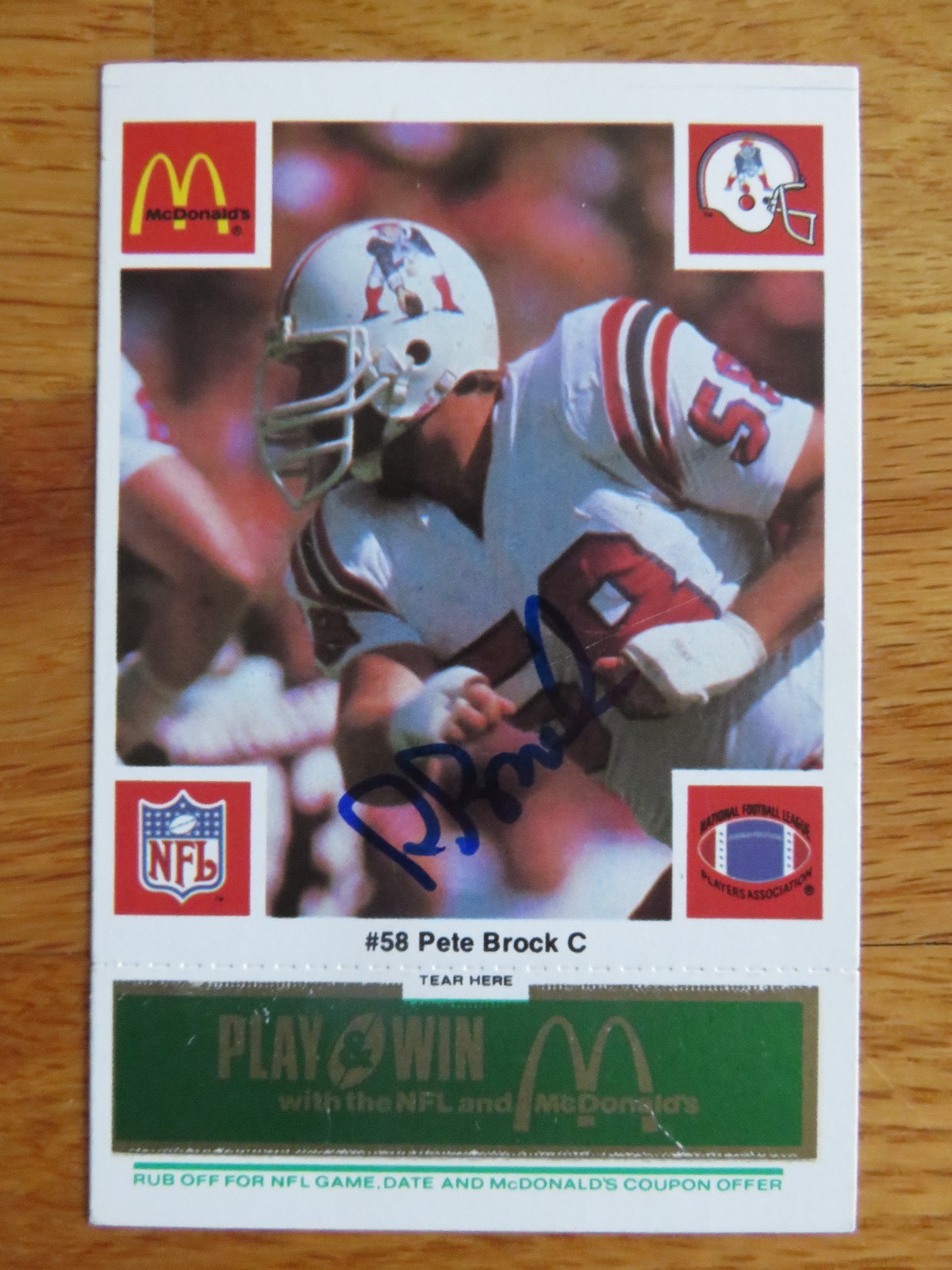 PETE BROCK signed 3x5 McDonald's Card NEW ENGLAND PATRIOTS COA AFC ...