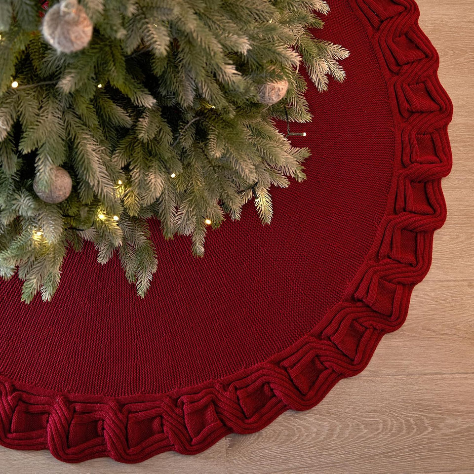 Red Knitted Christmas Tree Skirt 36 Inches, Rustic Vintage Large Xmas ...