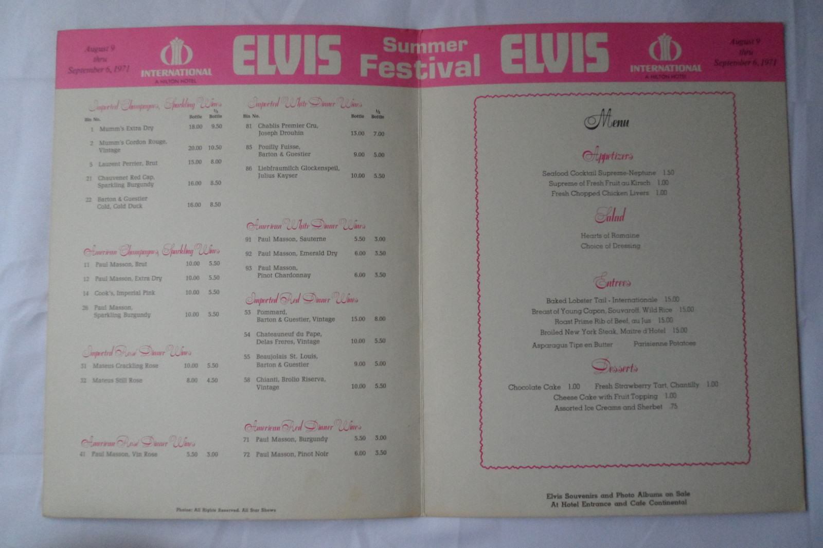 ELVIS Original__1971__INTERNATIONAL HILTON__SOUVENIR MENU__Las Vegas ...