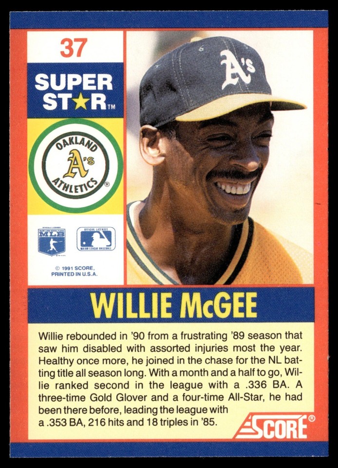 1991 Score - Superstar - #37 Willie McGee Athletics | eBay