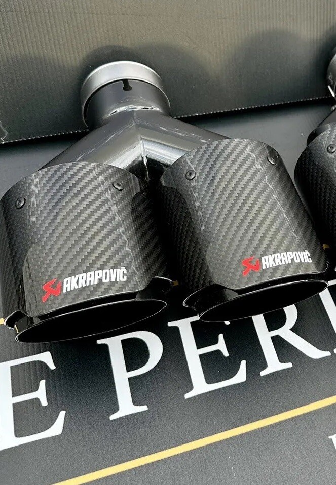 GLOSS BLACK CARBON FIBRE AKRAPOVIC EXHAUST TIPS 4” STEEL 1 X Y PIECE ...