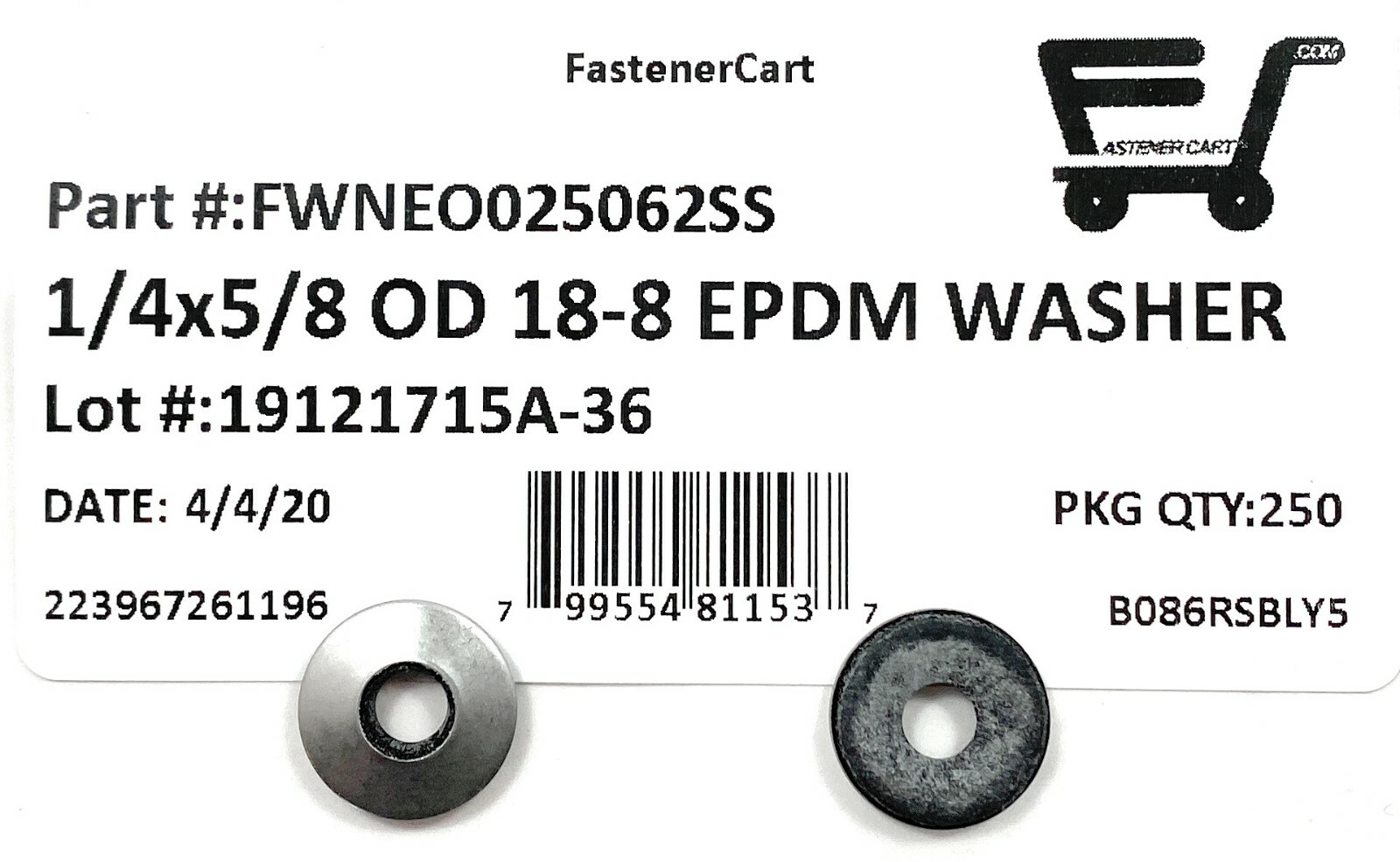(250) 1/4 x 5/8 OD Stainless Steel Washer EPDM Neoprene Rubber Backed ...
