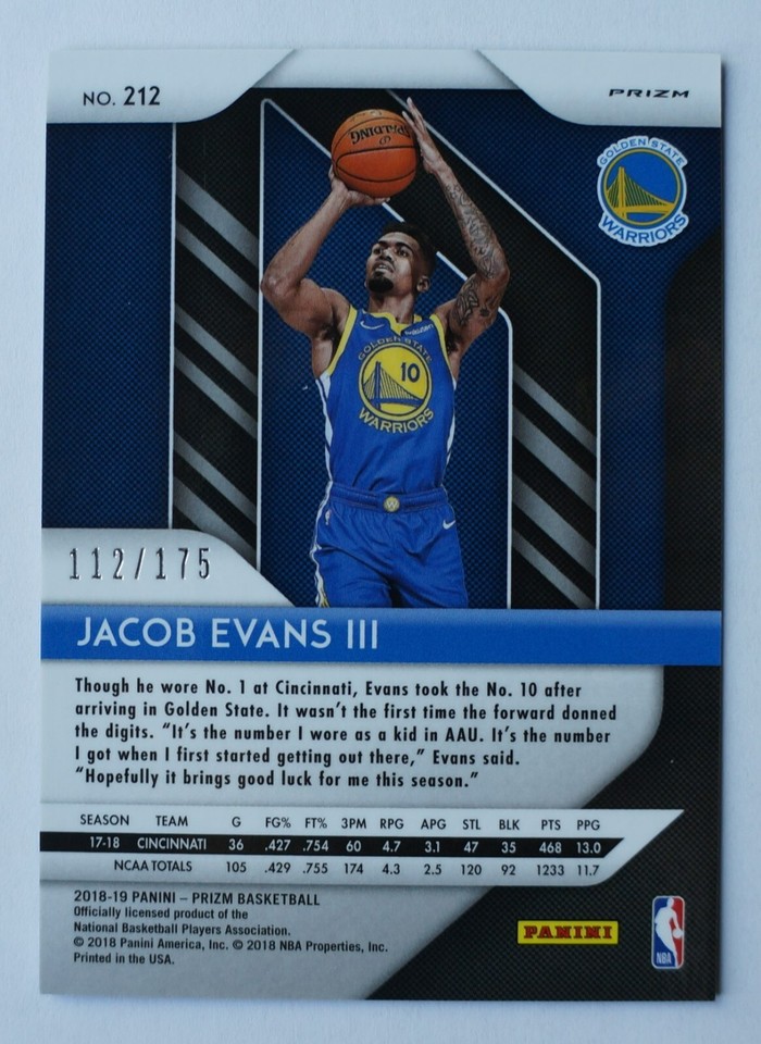 112/175 JACOB EVANS III 2018-19 Panini Prizm Fast Break Disco Blue #212 ...
