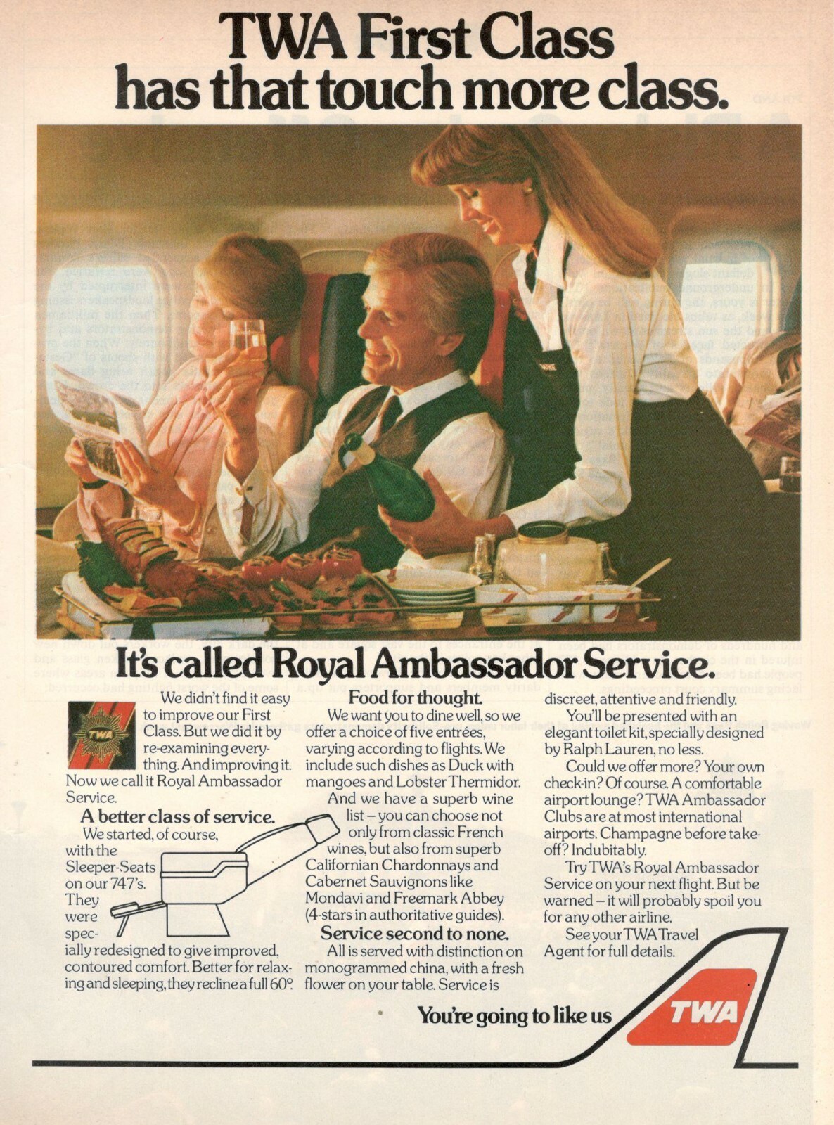 TWA TRANS WORLD AIRLINES Publicité 1 Page 1982 Royal Ambassador Service ...