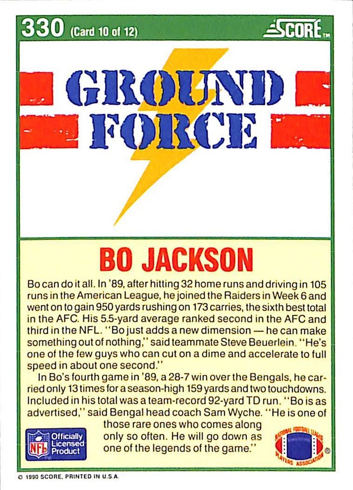 1990 Score Ground Force #330 Bo Jackson Raiders | eBay