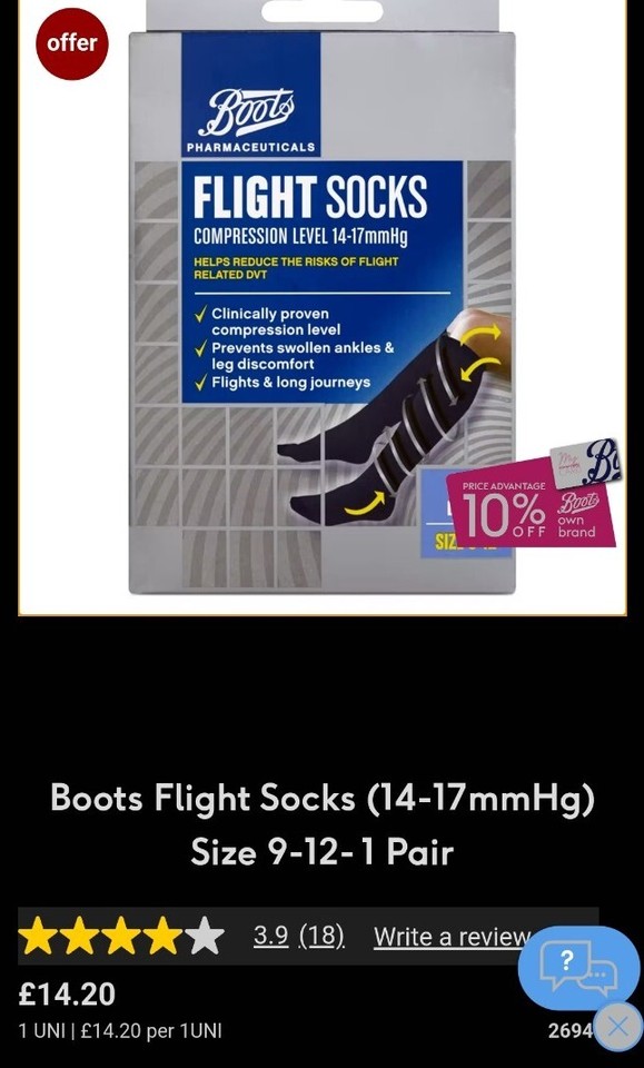Boots DVT Travel & Flight Socks Black 1 Pair Size 6-9 14-17mmHg X2 ...