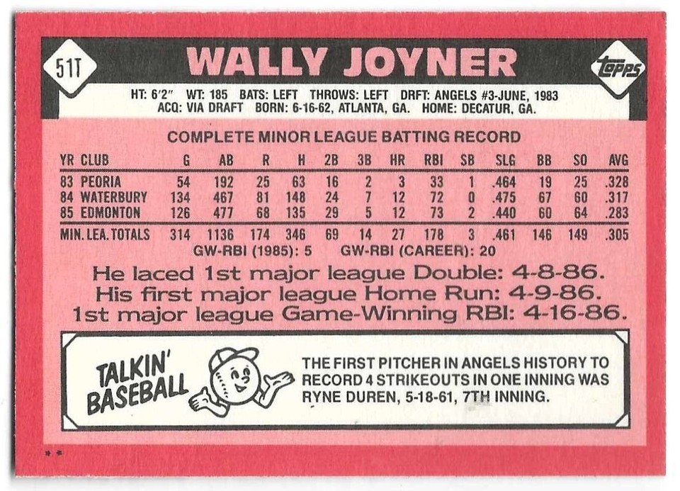 1986 Topps Traded Wally Joyner Rookie Baseball Card #51T NM-MT FREE ...