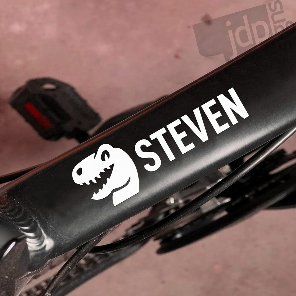 x2 PERSONALISED DINOSAUR ICON BIKE FRAME NAME STICKERS VINYL DECAL ...