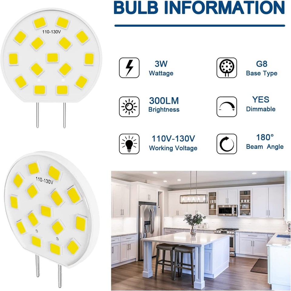 8x G8 LED Bulb Dimmable 3W Disc Puck Light Bulbs 20W-25W Halogen Bulb ...